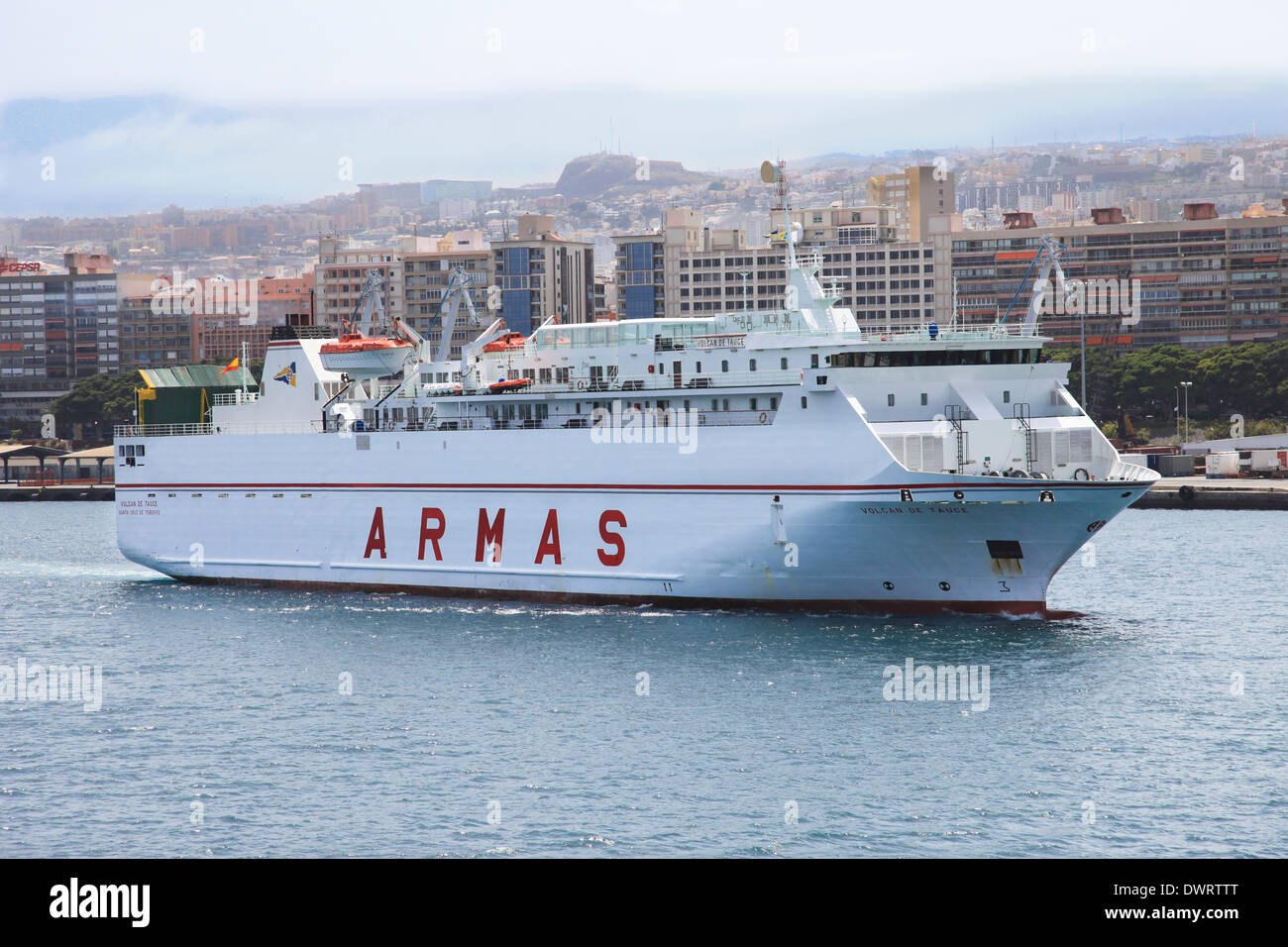 Ro-Ro ferry Volcan De Tauce leaving Tenerife harbor Canary Islands ...