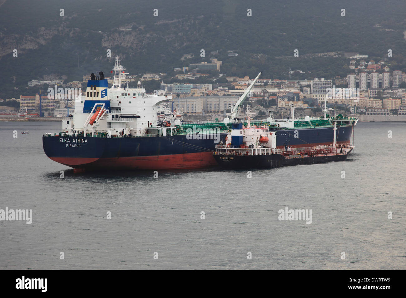 oil tanker mv Elka Athina anchored in Gibraltar harbor with bunkering ...