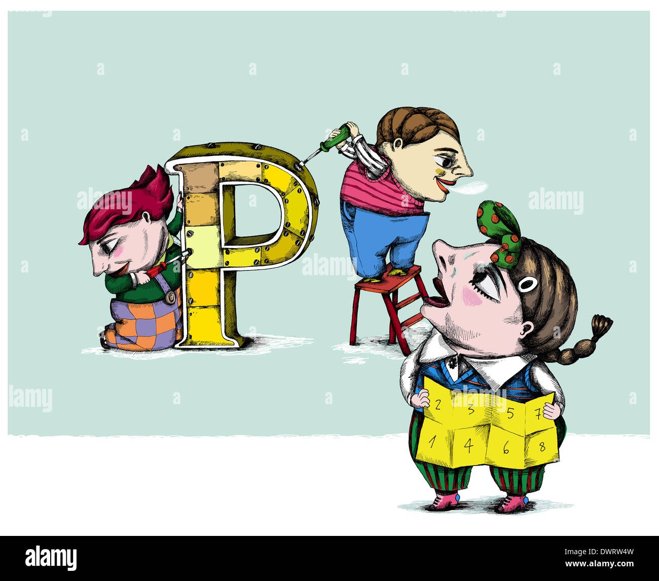 Illustrative image of construction workers building letter P ...