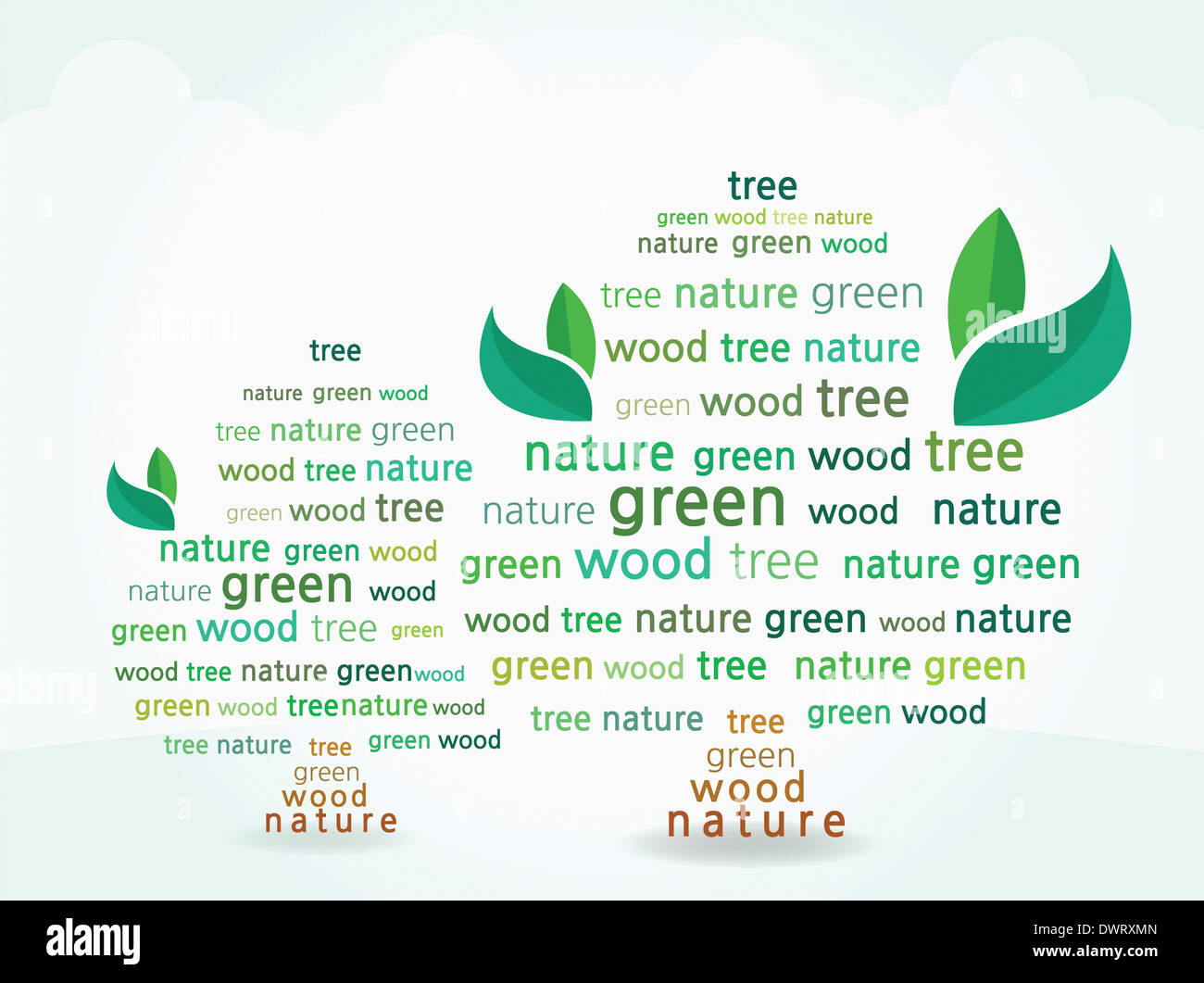illustration design of green trees filled with English words Stock ...