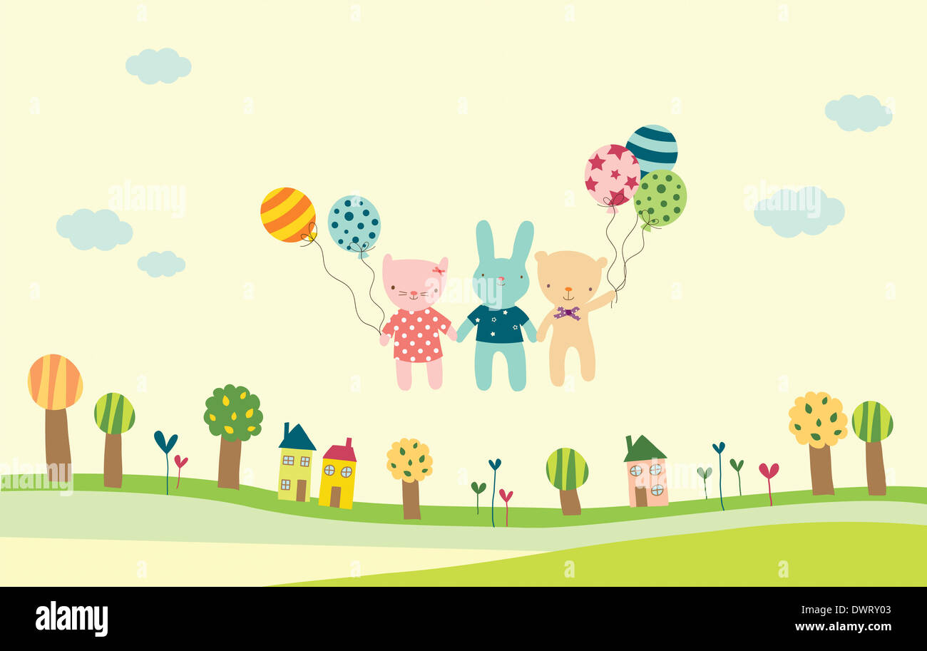 illustration of animals in the air with balloons Stock Photo - Alamy