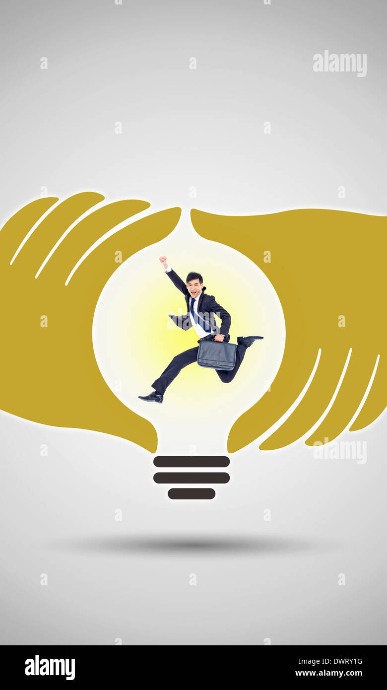 a businessman jumping inside a illustration of hands forming light bulb ...