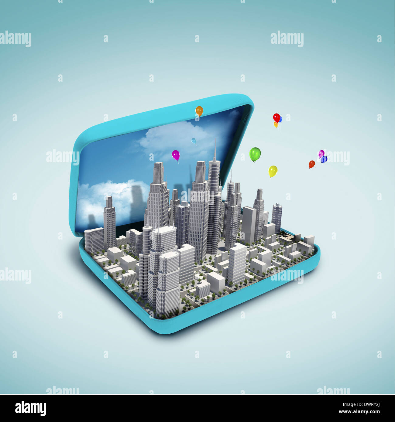 illustration of buildings inside a suitcase Stock Photo - Alamy