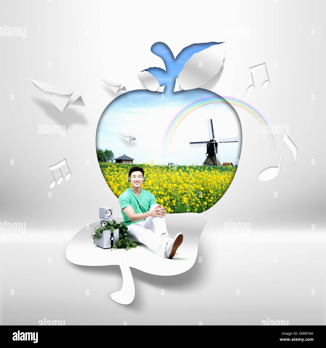 illustration of man and a land inside a shape of apple Stock Photo - Alamy