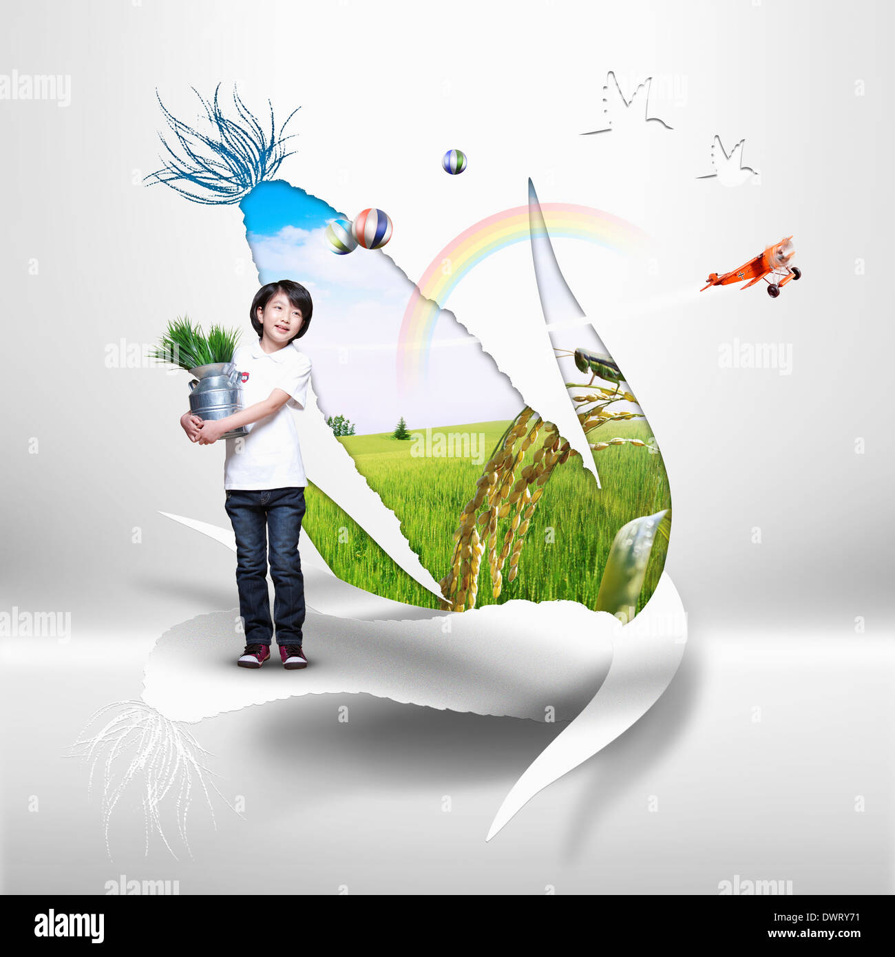 illustration of kid and a land inside a shape of corn Stock Photo - Alamy
