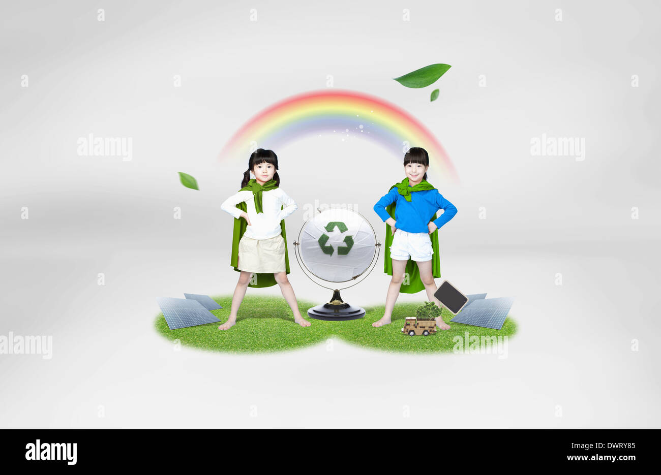 kids in illustrated background with concept of recycling Stock Photo ...