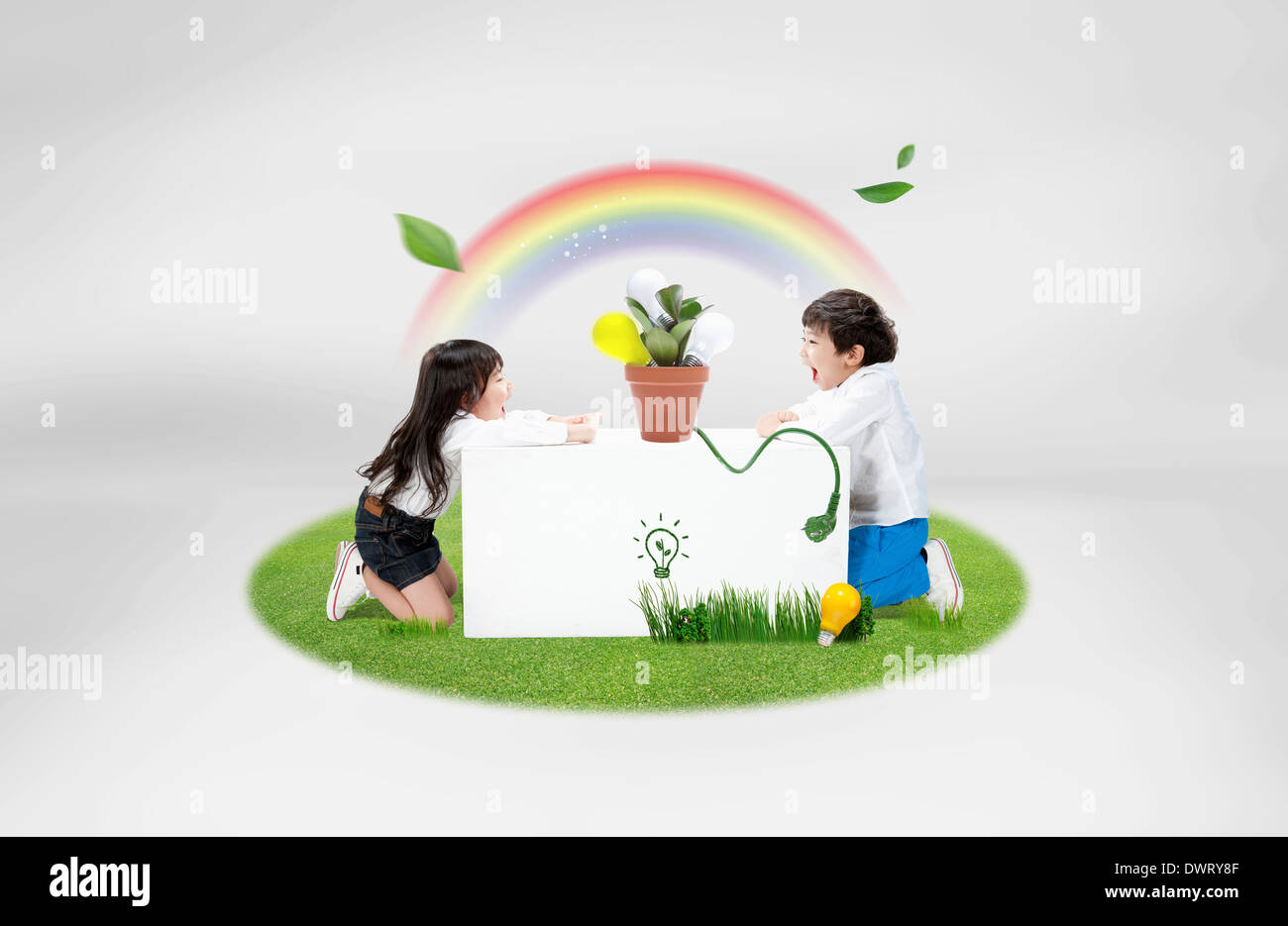 kids in illustrated background with concept of recycling Stock Photo ...