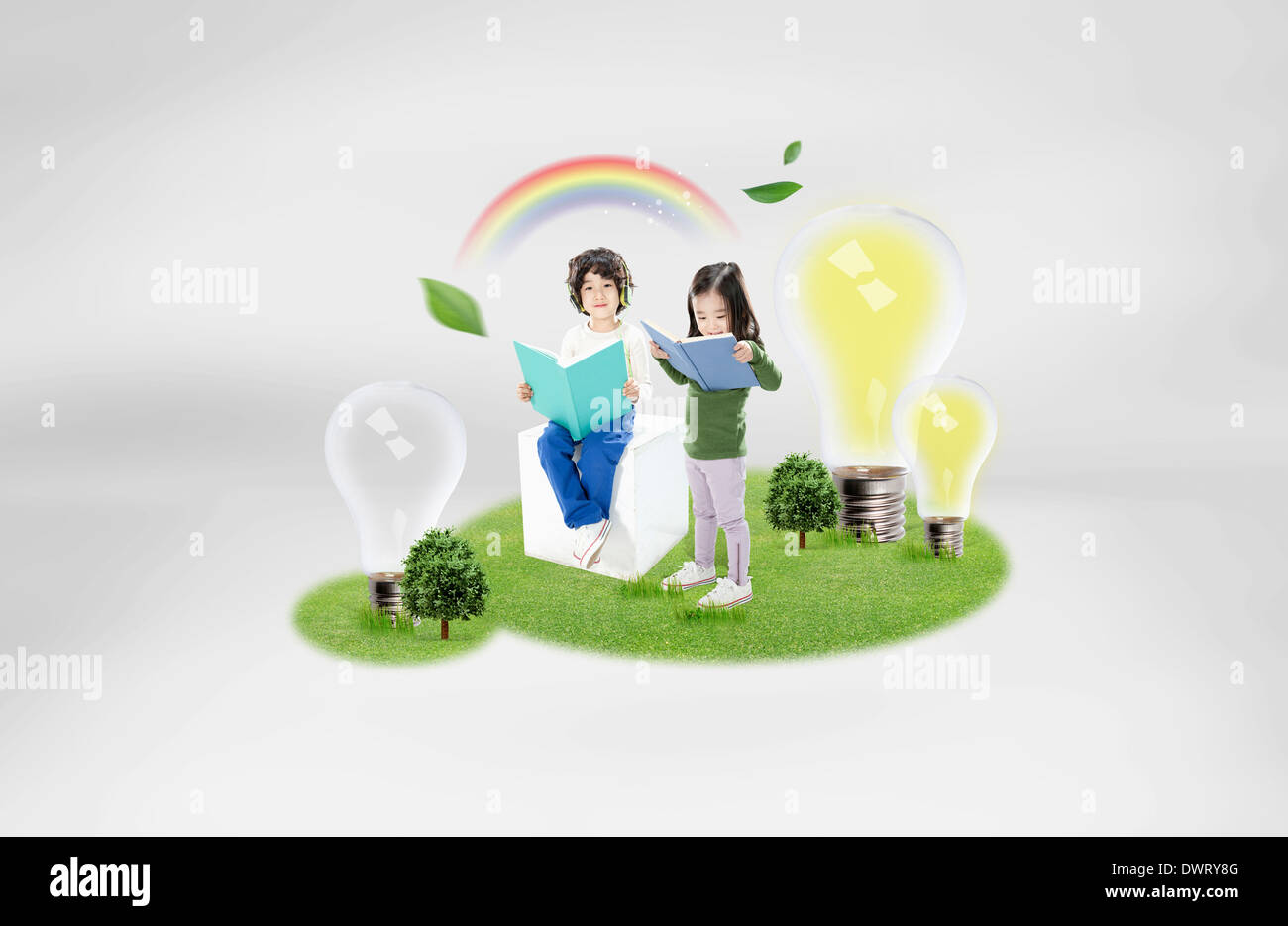 kids in illustrated background with concept of recycling Stock Photo ...