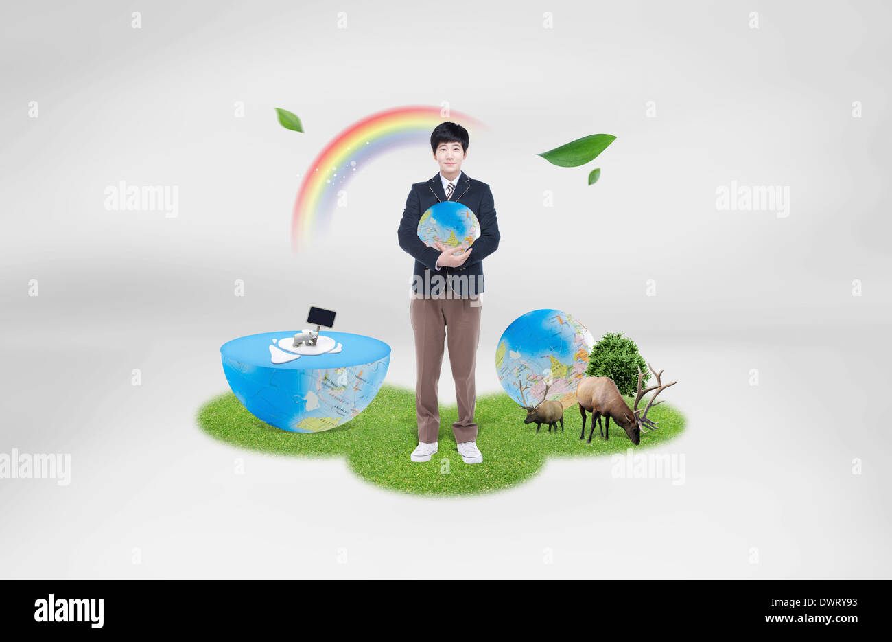 a man in illustrated background with concept of green world Stock Photo ...