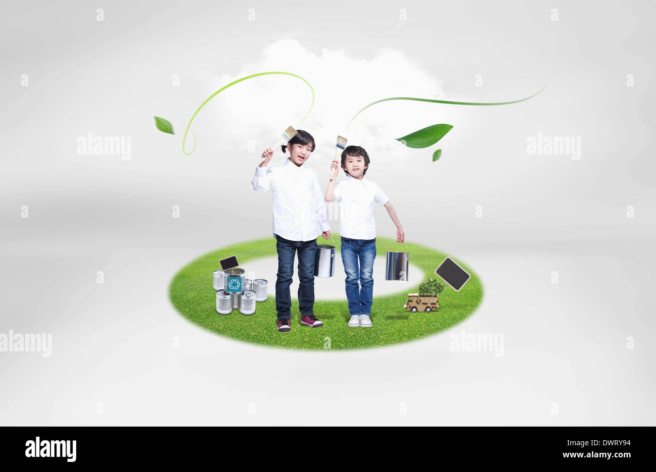 kids in illustrated background with concept of recycling Stock Photo ...