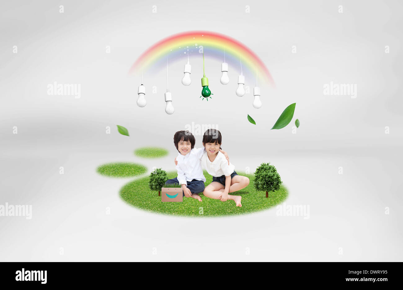 kids in illustrated background with concept of recycling Stock Photo ...