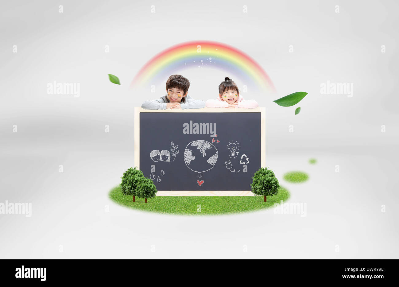 kids in illustrated background with concept of recycling Stock Photo ...