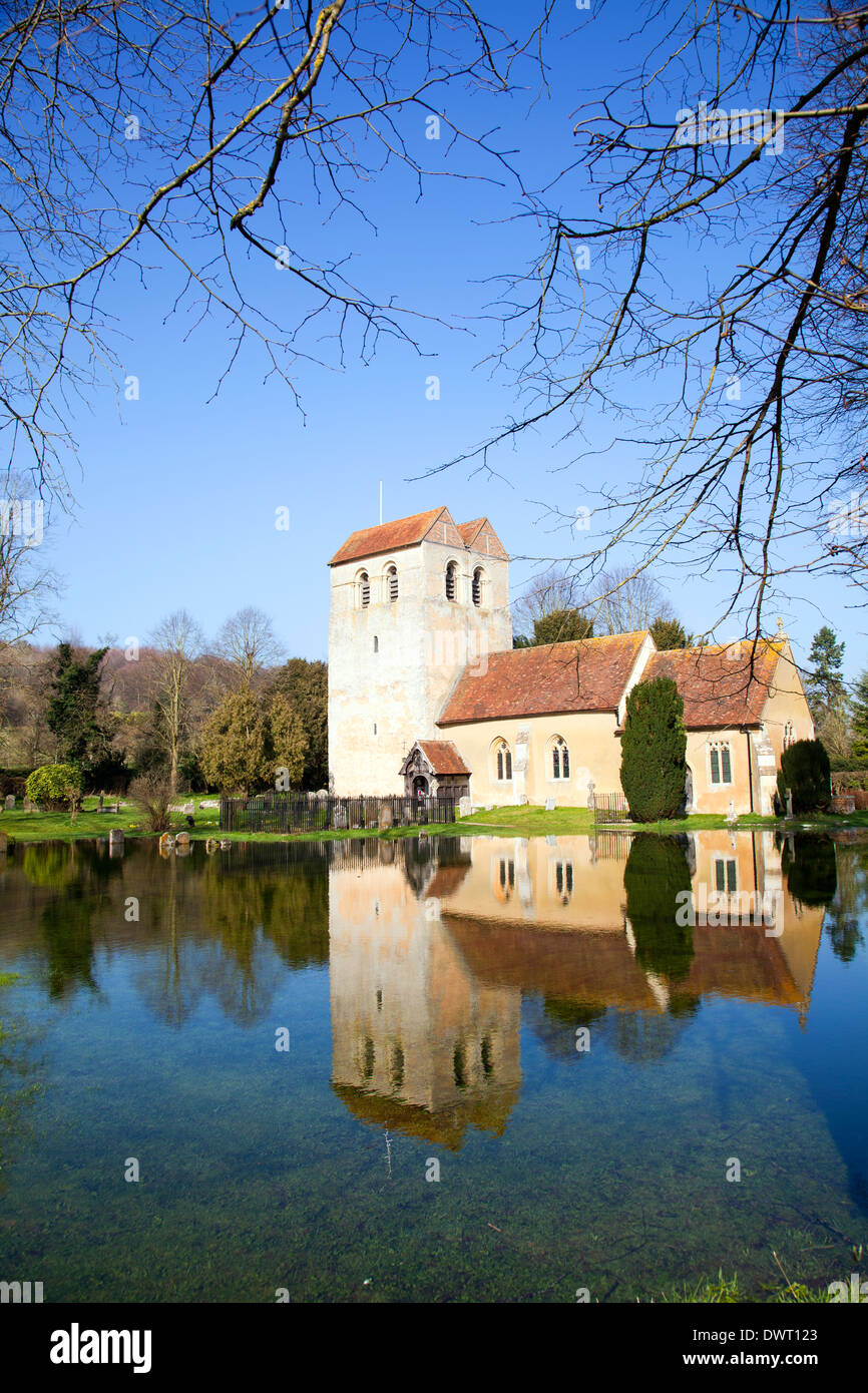 St Bartholomew Church in Fingest (with flooded graveyard in forefront ...