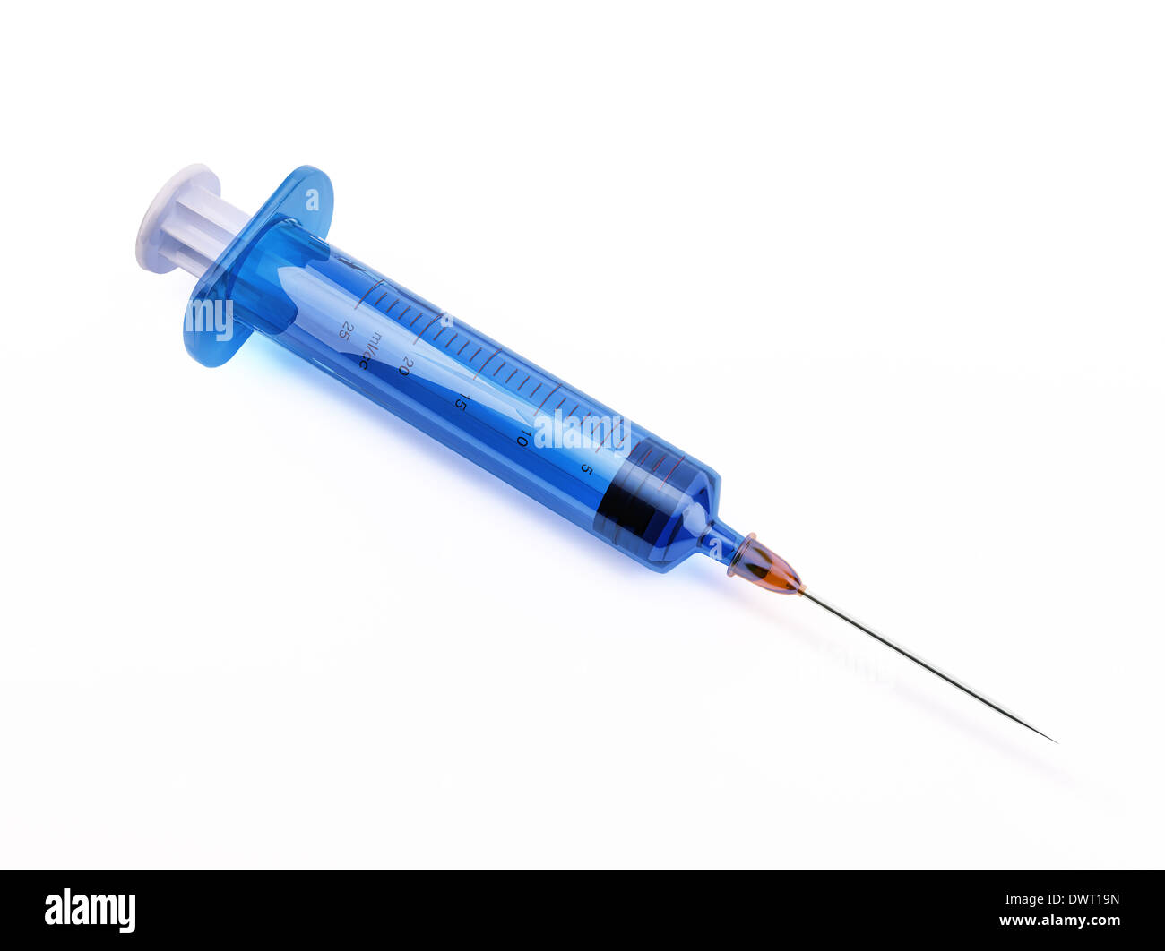 Blue medical syringe on a white surface, with dropped shadow. Clipping ...