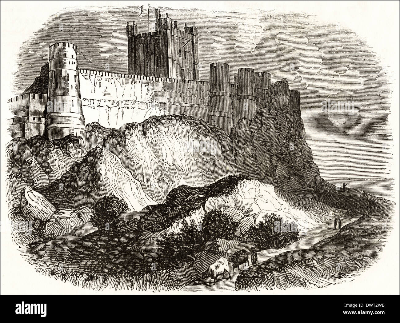 View of Bamborough or Bamburgh Castle. Victorian woodcut circa 1845 ...