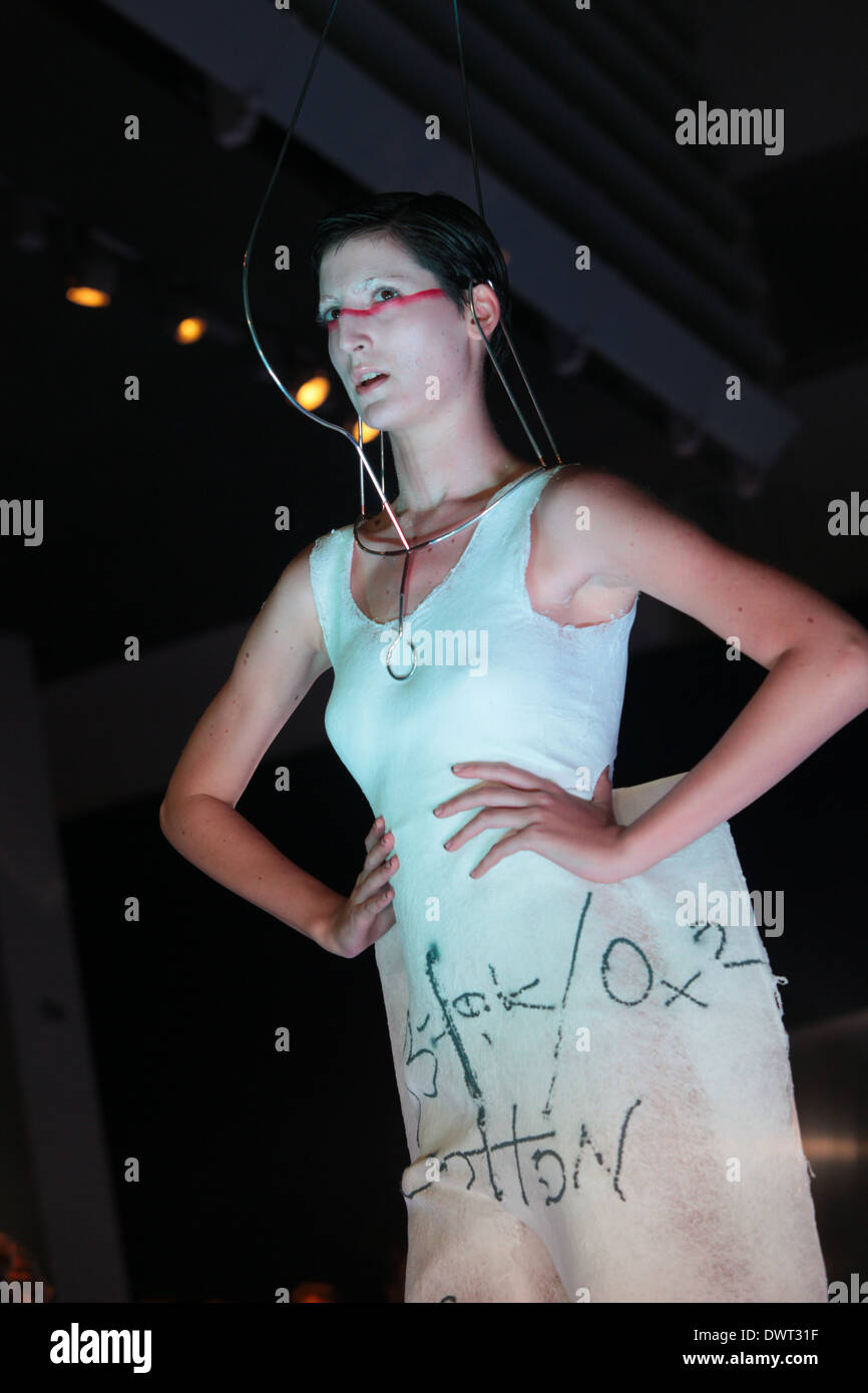 Spray-on fashion catwalk show, Imperial college, London. A new cotton ...