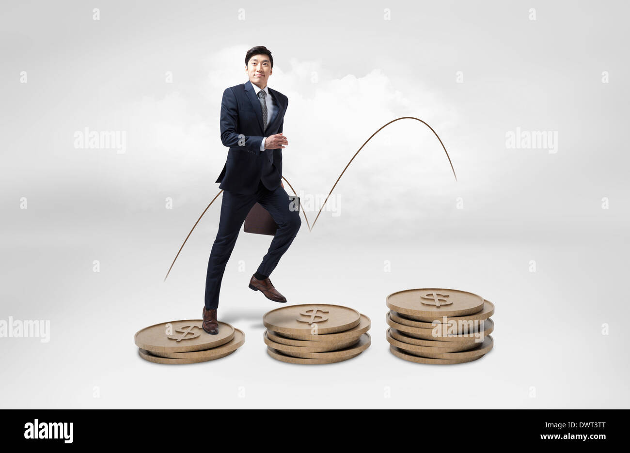 a business man running on piles of coins Stock Photo - Alamy