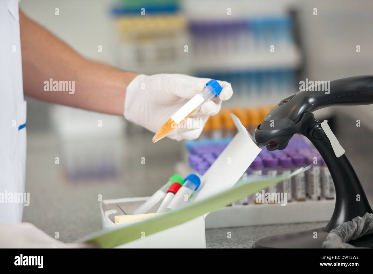 Technician With Sample Analyzing Document In Laboratory Stock Photo - Alamy