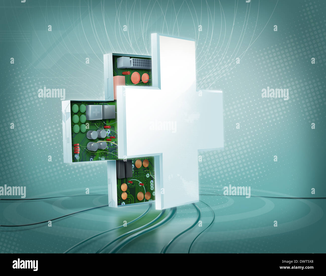 Illustrative image of machinery in plus sign representing medical ...