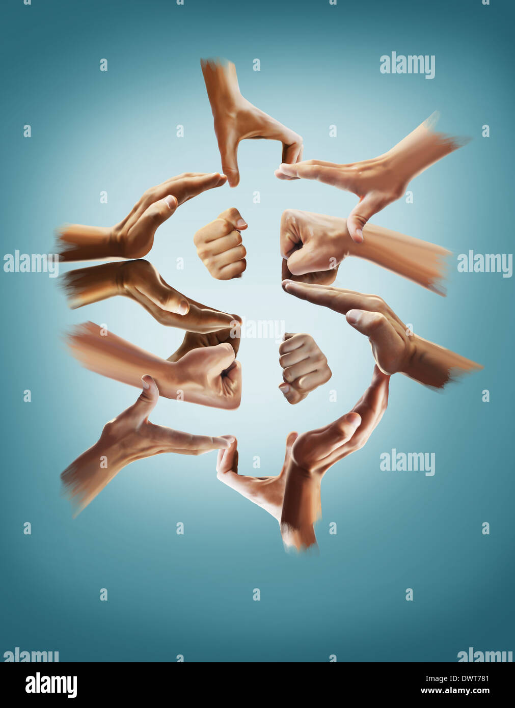 Illustrative image of hands forming dollar sign over blue background ...