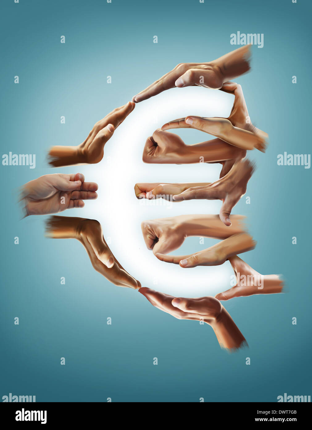 Illustrative image of hands forming euro sign over blue background ...