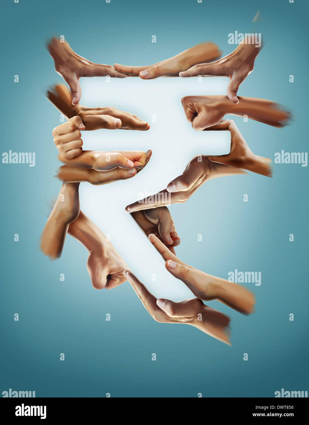 Illustrative image of hands forming rupee sign against blue background ...