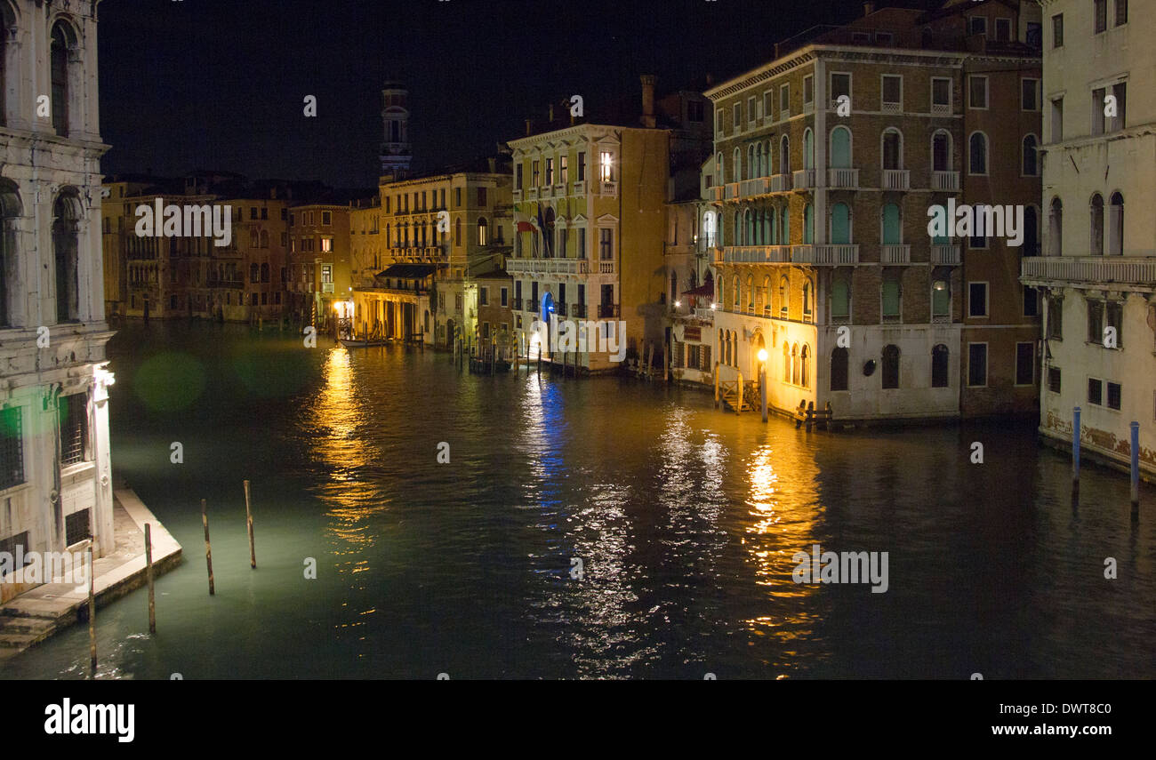Night scene showing flood lite buildings along the Grand canal Venice ...