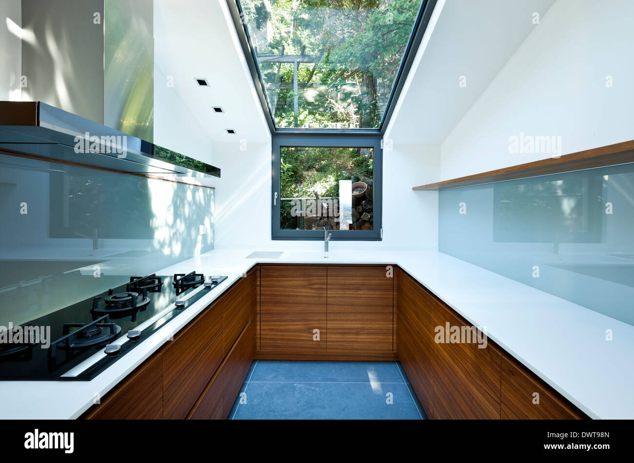 Modern empty apartment, kitchen with panoramic window Stock Photo - Alamy