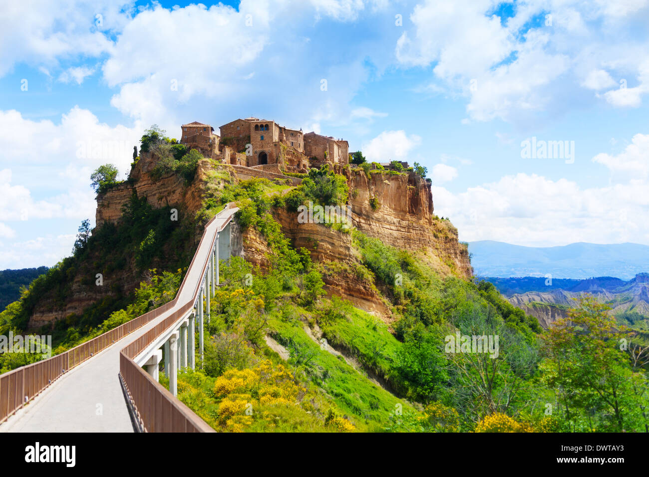 Foot bridge to Bagnoregio town on the ountain, Lazio, Italy Stock Photo ...