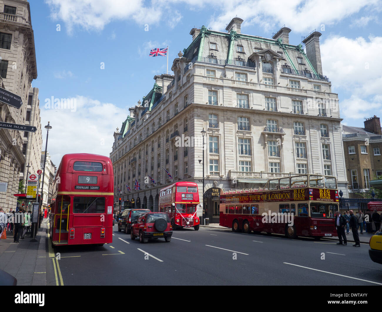 The Ritz Hotel, Piccadilly - street view with London buses Stock Photo ...