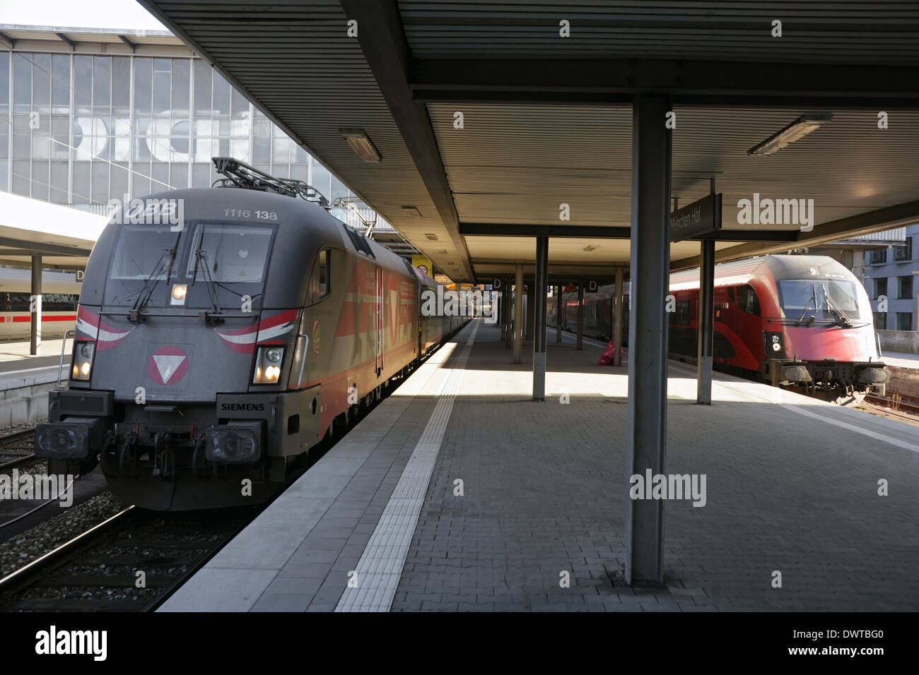 Austrian Railways (OBB) trains awaiting departure from Munich ...