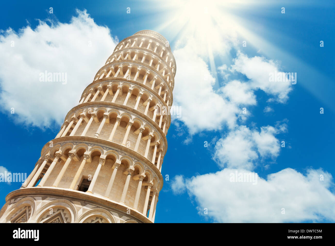Pisa leaning tower from low angle and sky with sun Stock Photo - Alamy