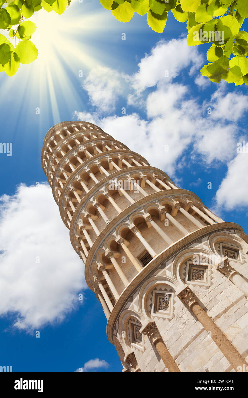 Pisa leaning tower from low angle and sky with sun and leaves Stock ...