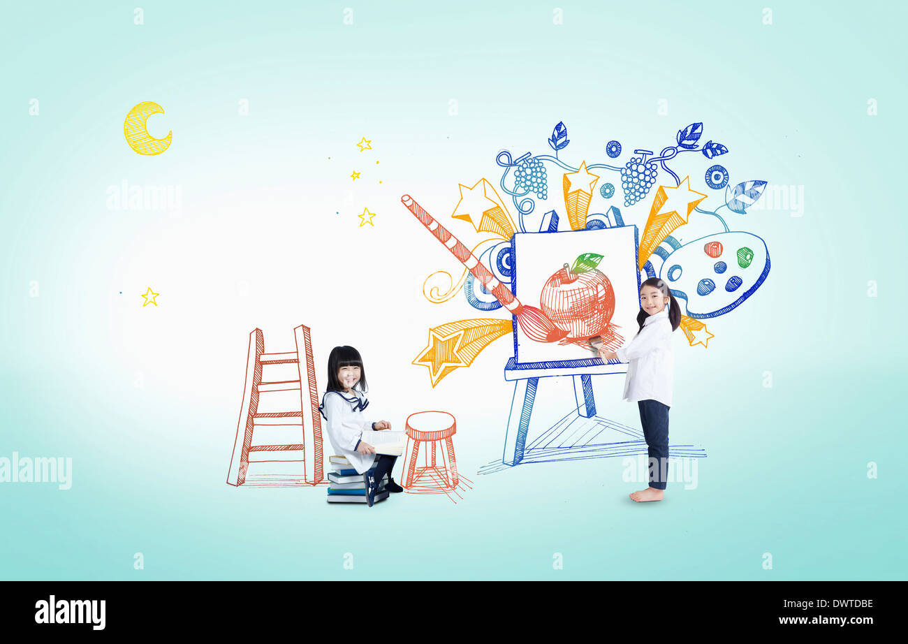 girls painting a picture Stock Photo - Alamy