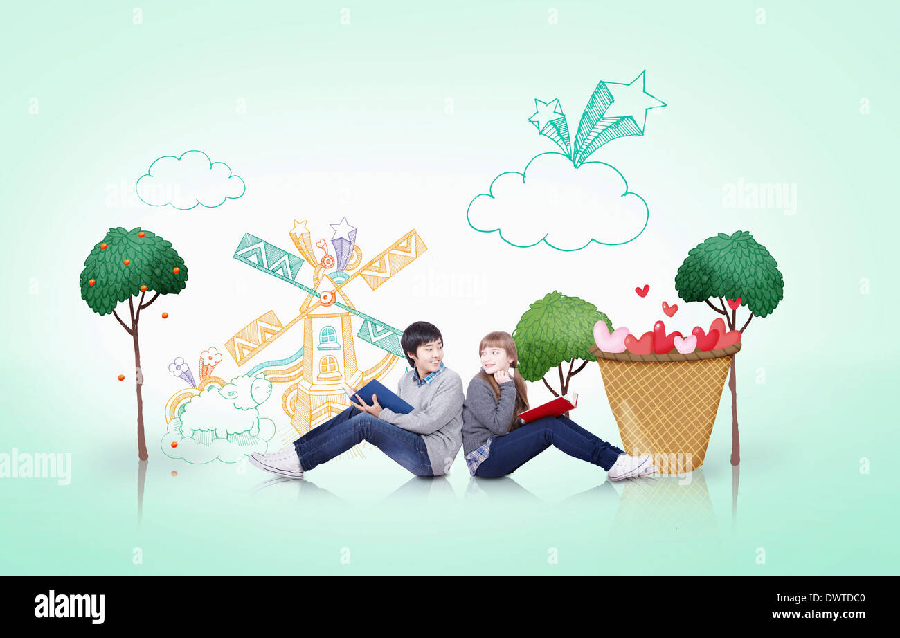 children sitting next to trees Stock Photo - Alamy