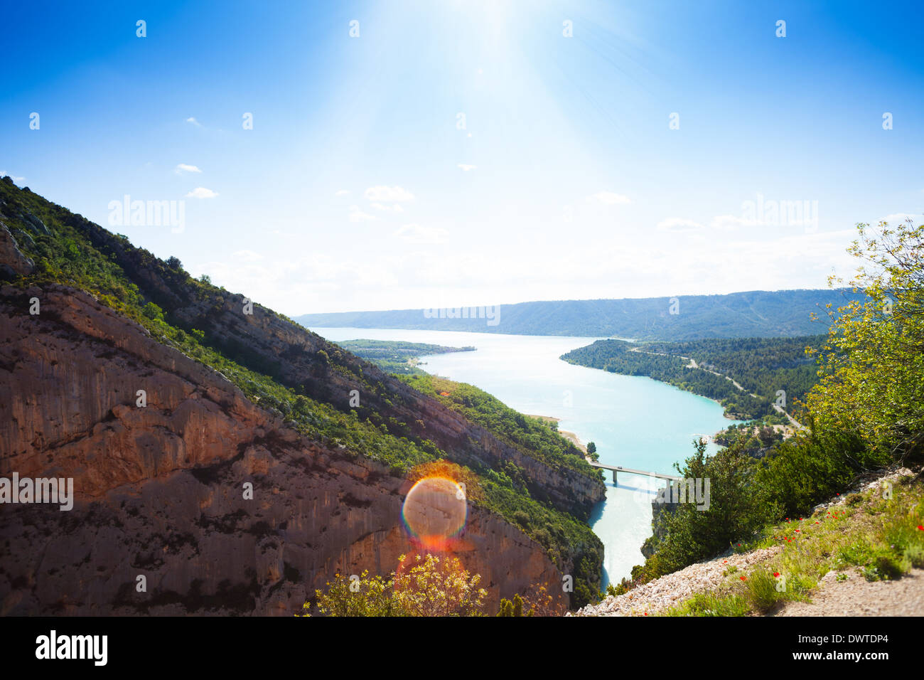 Lake Castillon panorama and bridge over mountain river in south French ...