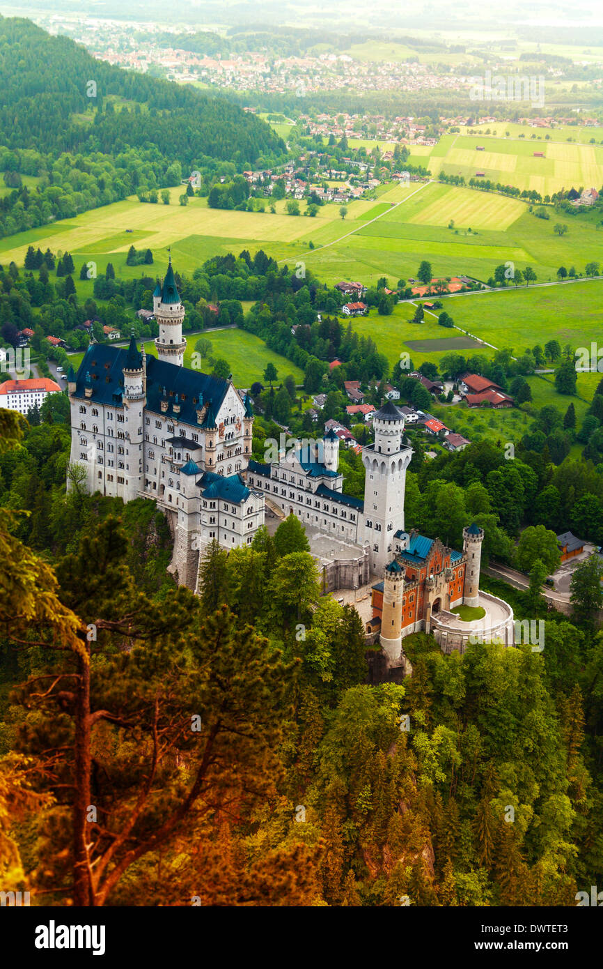 Neuschwanstein view from above over the waterfall with surround ...
