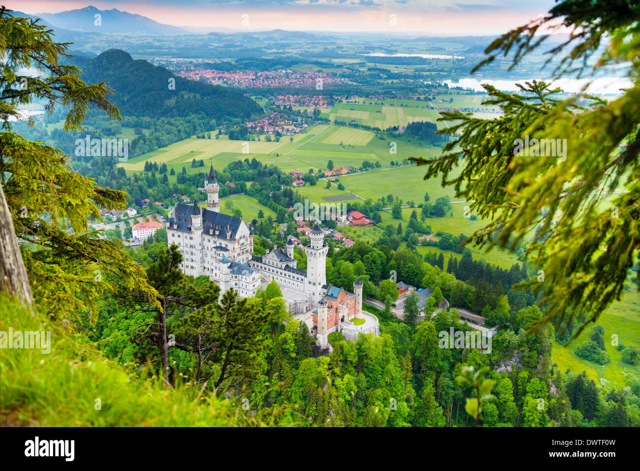 Panorama of Neuschwanstein castle from mountain above view Stock Photo ...