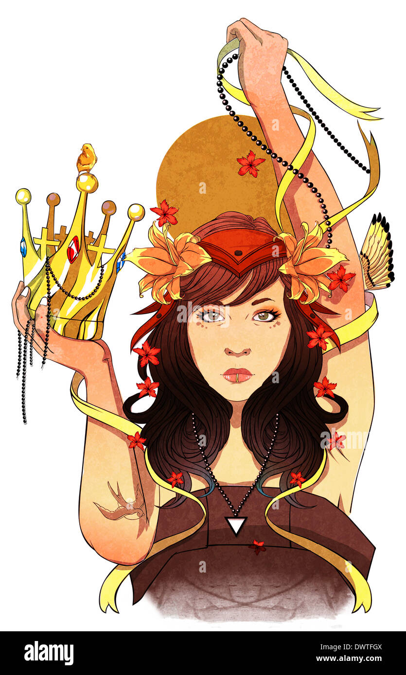 Illustrative image of successful young woman holding crown over white ...