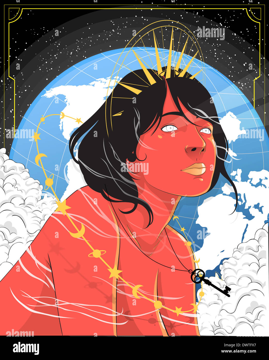Illustrative image of thoughtful young woman with planet earth in ...