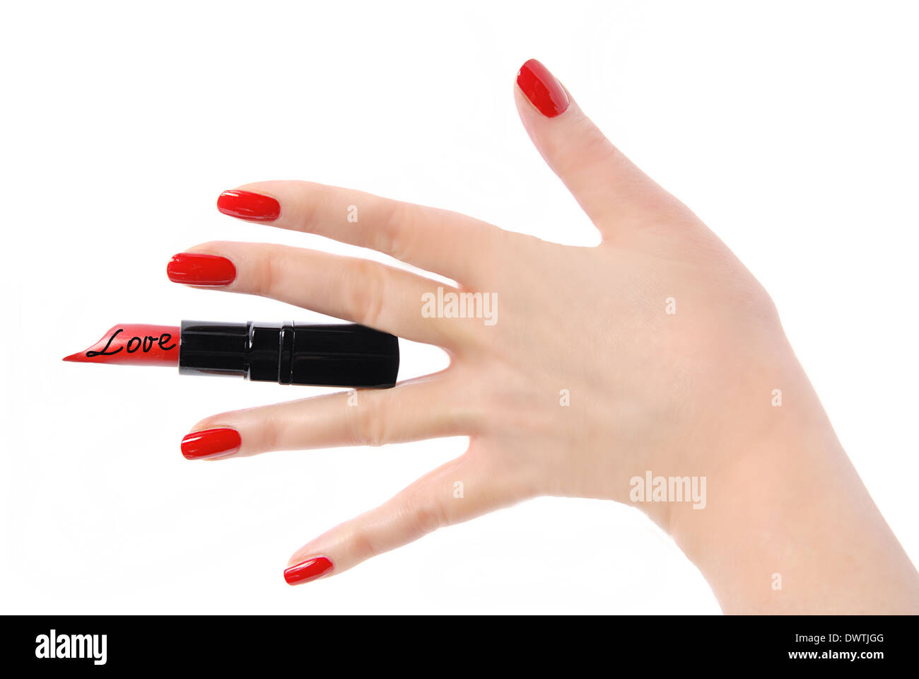 Red lipstick with a female hand on a white background Stock Photo - Alamy