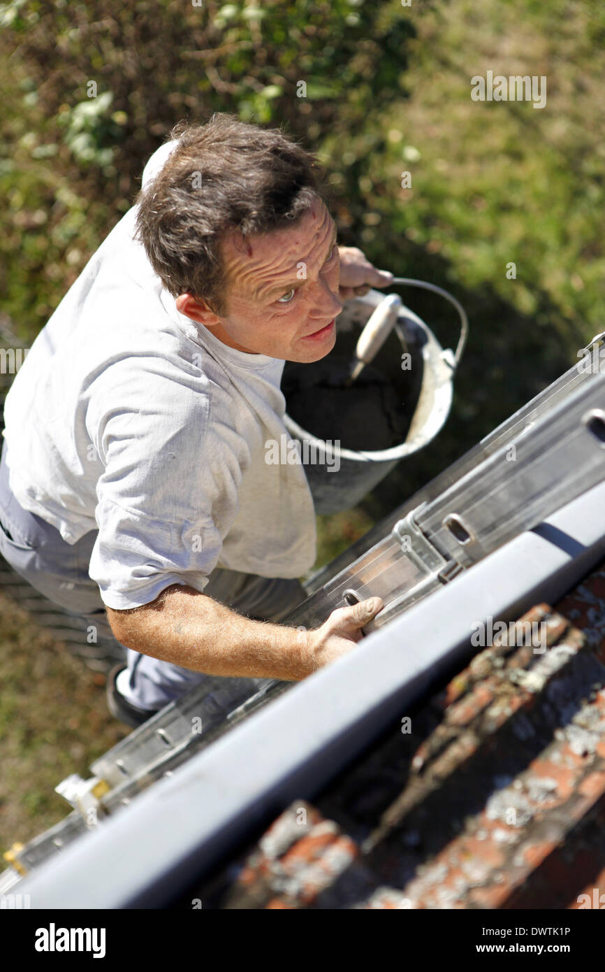 Roofer carrying bucket and trowel up ladder Stock Photo - Alamy