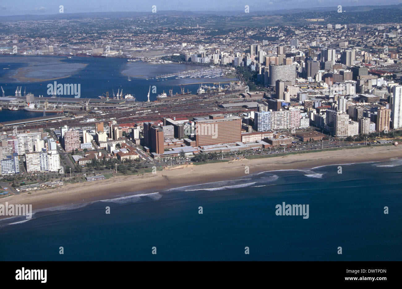 Aerial view of Point Road area of Durban with harbour in the background ...