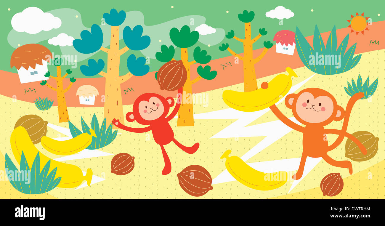 two monkeys playing with coconuts Stock Photo - Alamy