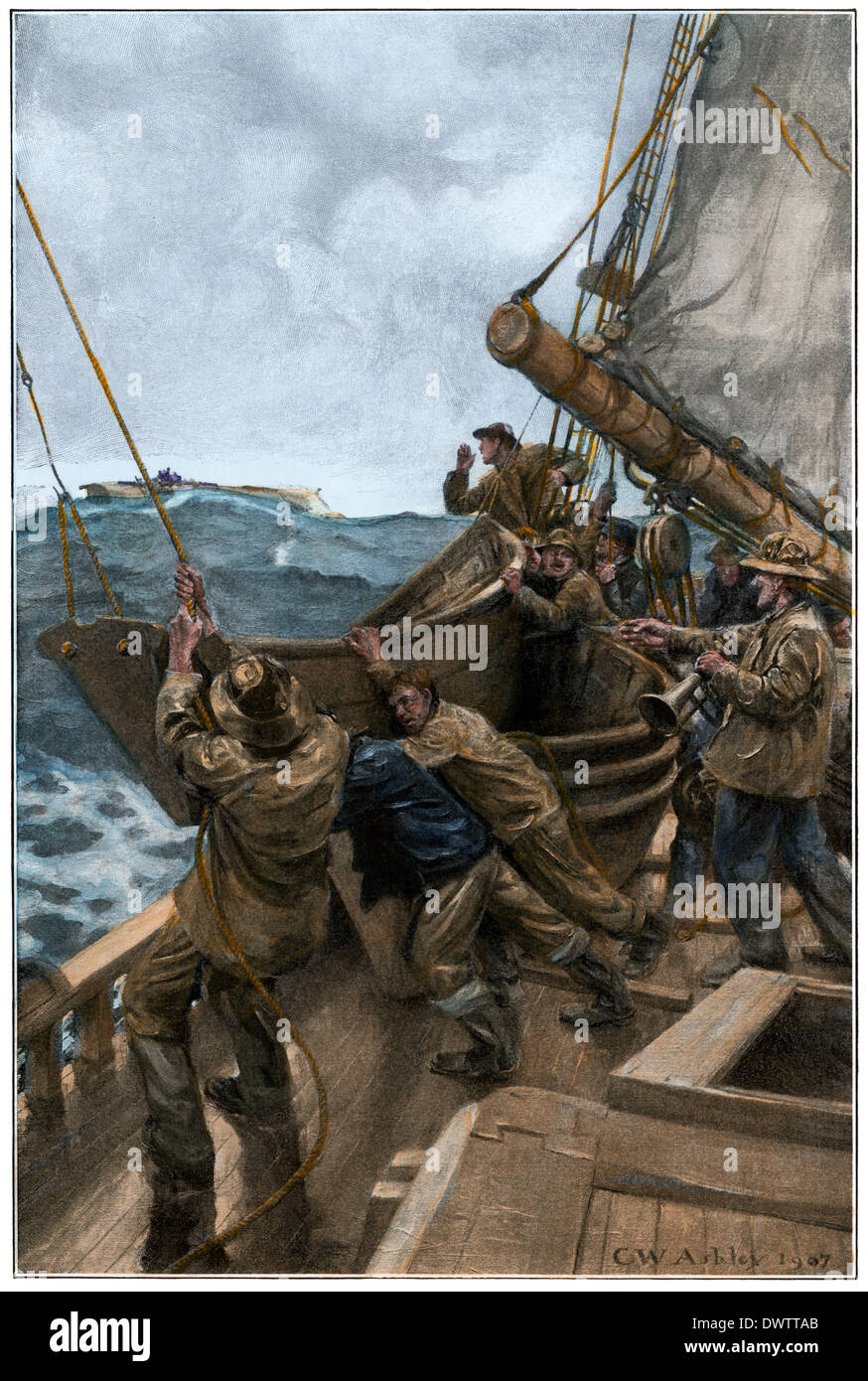 Sailors lowering a lifeboat to rescue shipwrecked sailors, early 1900s ...