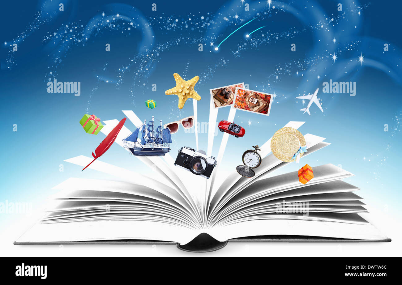 a book with icons coming out Stock Photo - Alamy