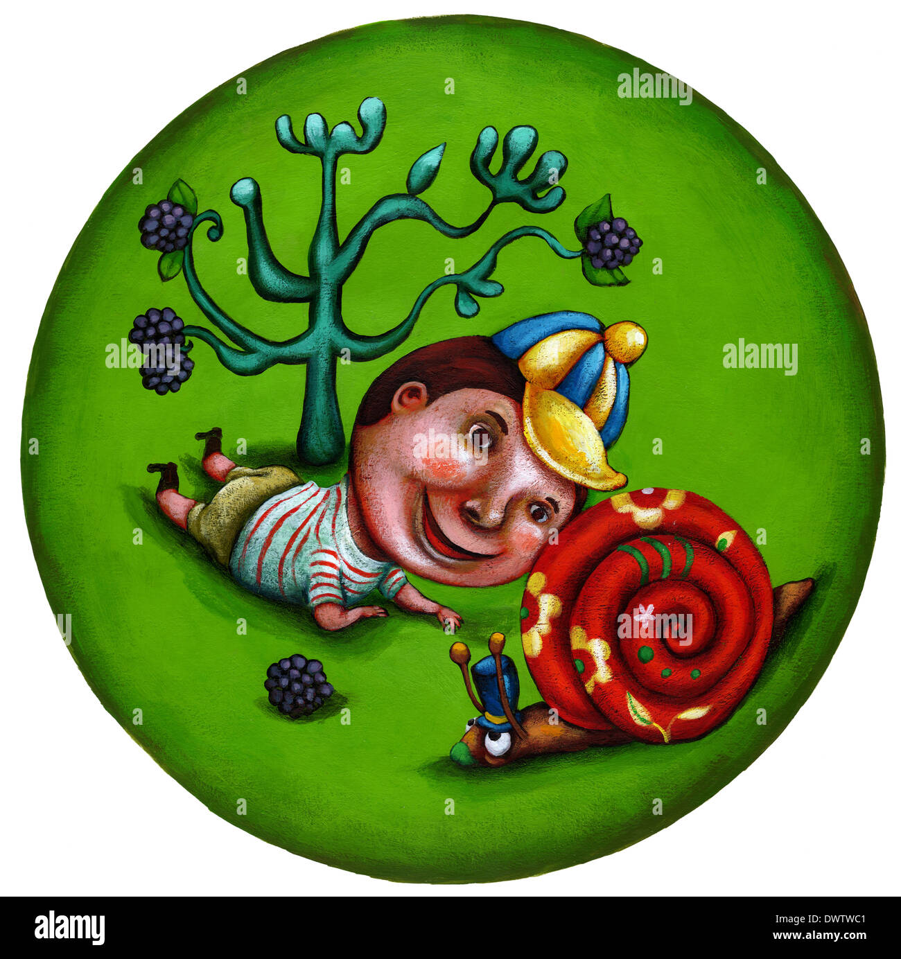 Illustrative image of boy playing looking at snail in garden Stock ...