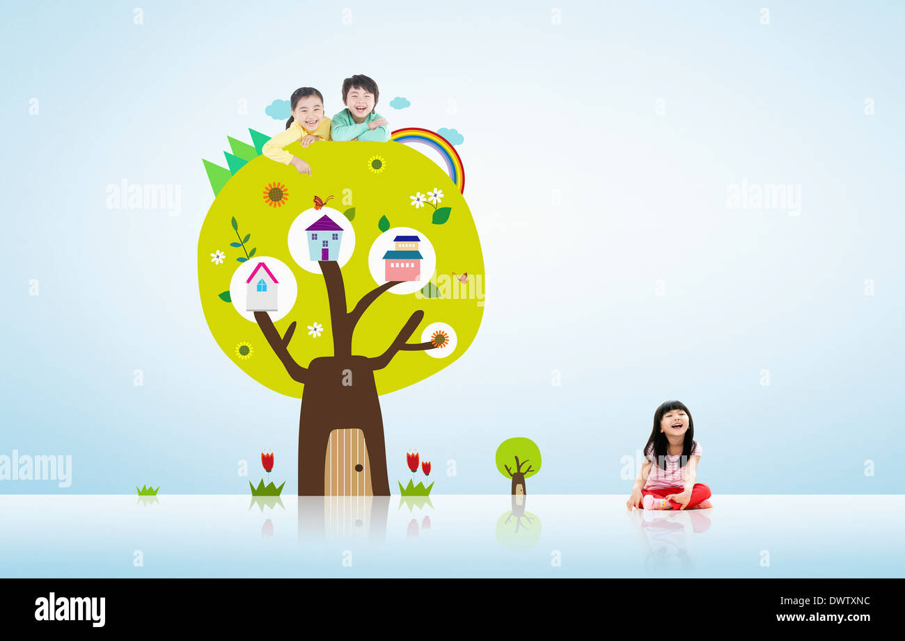 children next to a tree Stock Photo - Alamy