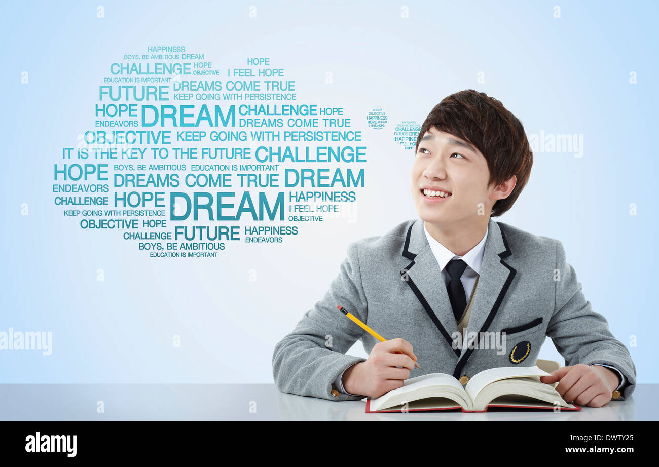 a student next to a thinking bubble Stock Photo - Alamy