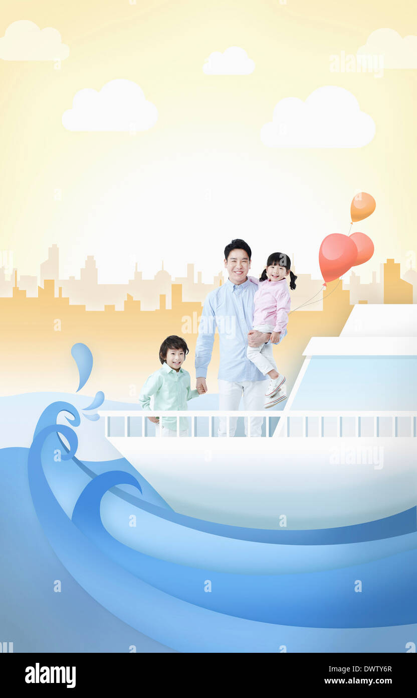 a father and kids on a ship Stock Photo - Alamy